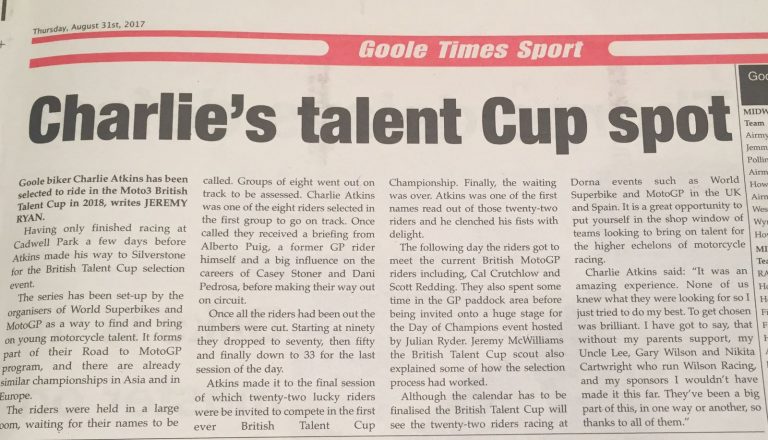 Charlie Atkins British Talent Cup 2018 selection - Must Have Media Services